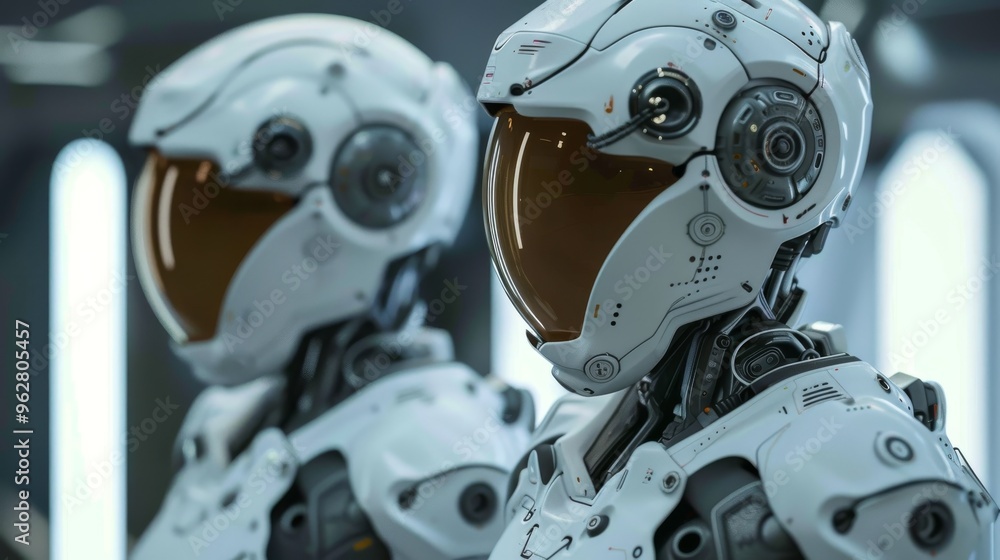 Two advanced humanoid robots with sleek white exteriors and orange ...