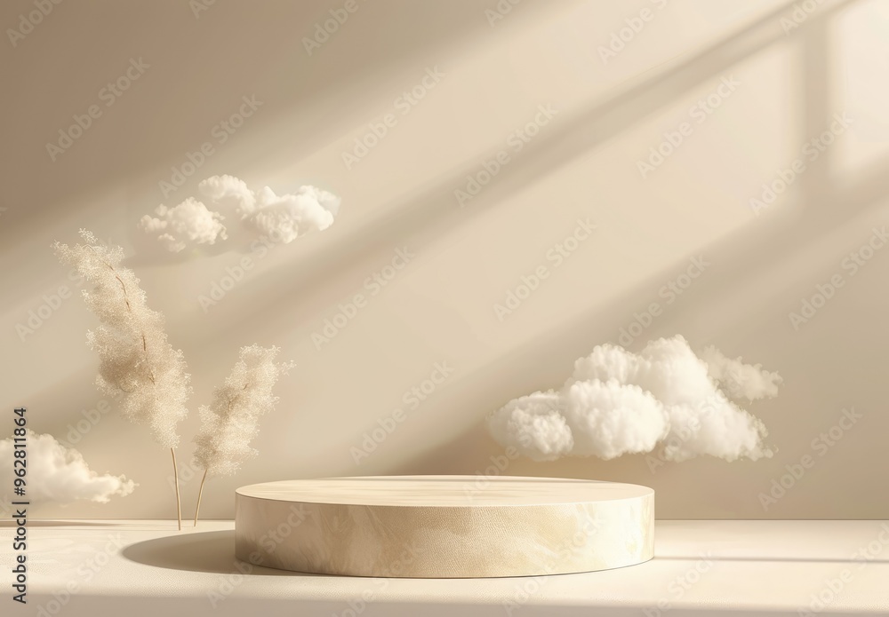 Pedestal and Delicate fluffy clouds, white soapy foam. 3d render ...
