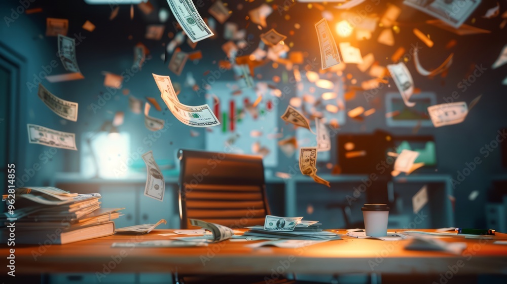 crumbling business charts and surreal financial symbols floating above ...