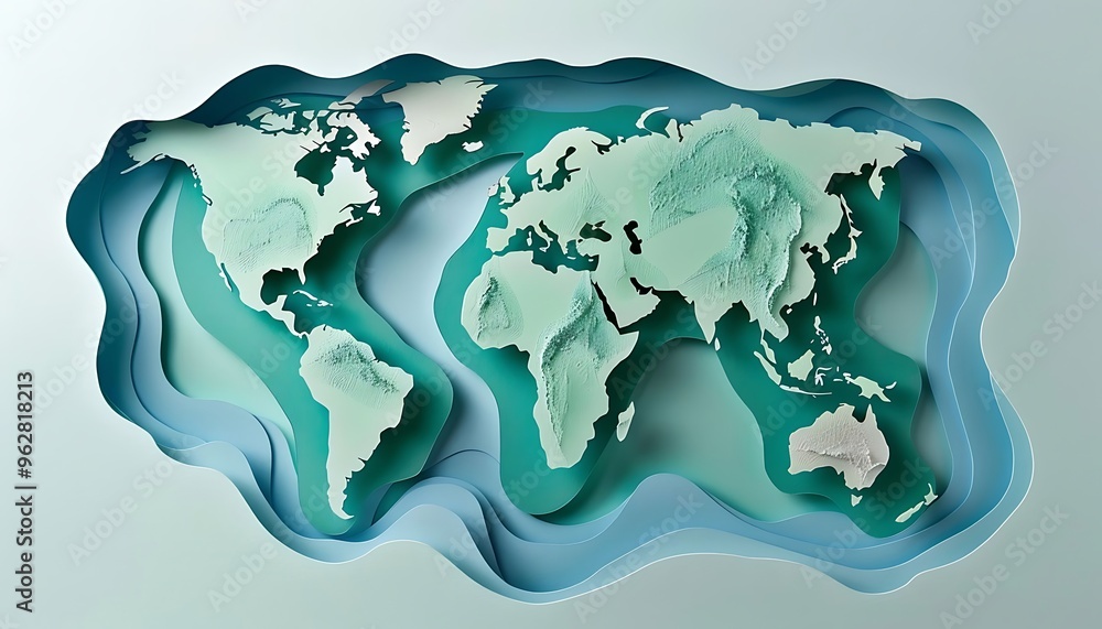 Layered World Map: A paper cut-out style world map in shades of blue ...