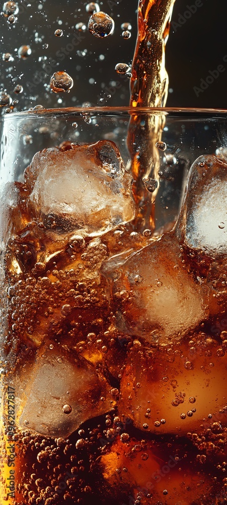 Cola with ice. Close-up of ice cubes in cola water. Texture of a carbonated drink with bubbles ...