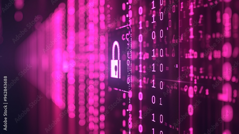 Abstract Digital Security Concept Featuring A Glowing Pink Lock Icon Amidst Rows Of Binary Code