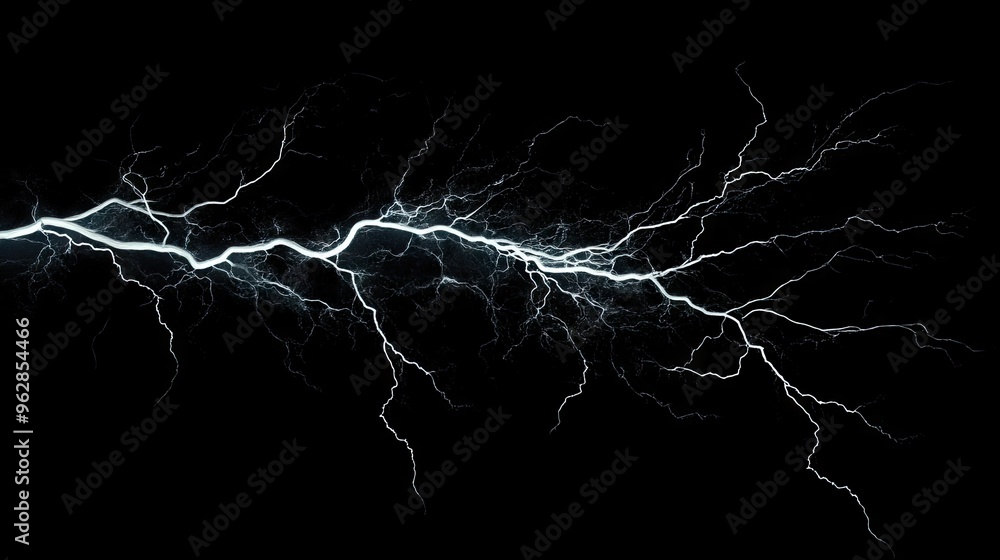 Lightning bolt with extensive branching, captured against a black ...