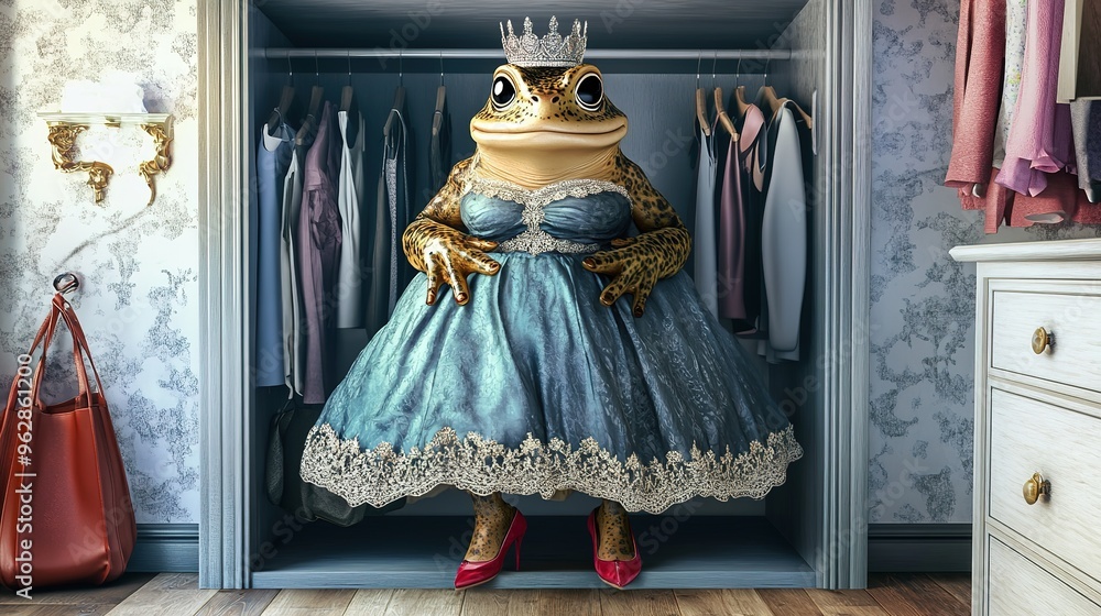 Royal Toad Queen in a Dress and Crown, Standing Next to a Wardrobe ...