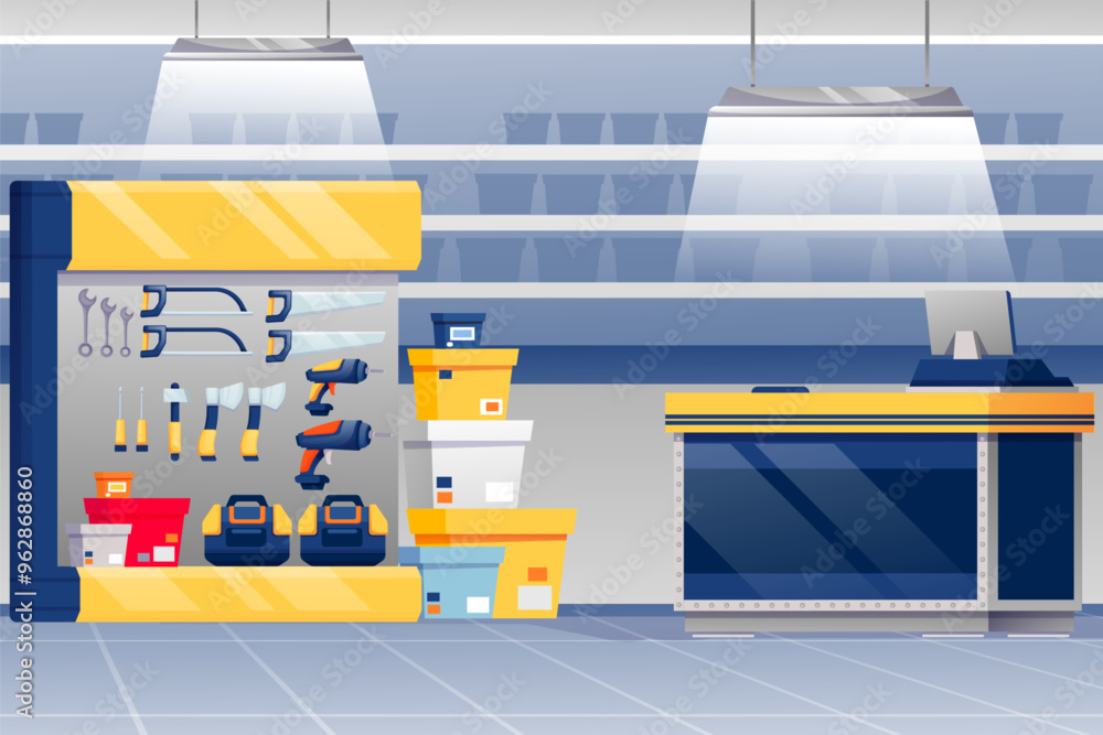 Hardware shop interior background. Store with counter, stands with ...