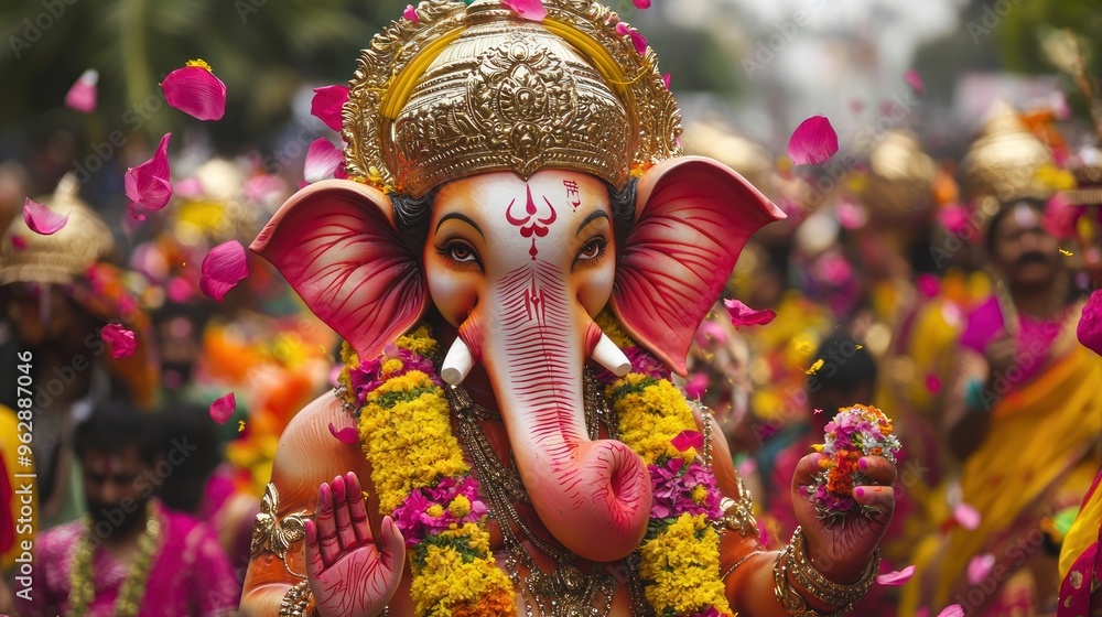 Ganesh Chaturthi celebrations in Mumbai. A large crowd gathers around a ...
