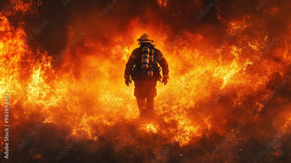 Fearless firefighter advancing into a huge fire, surrounded by flames ...