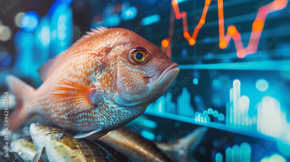A fresh red fish lies in front of a backdrop of financial graphs ...