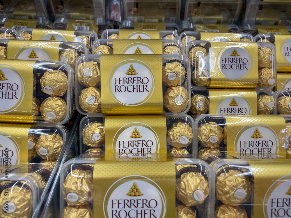 Germany Berlin September 4, 2024. A stack of golden-colored Ferrero ...