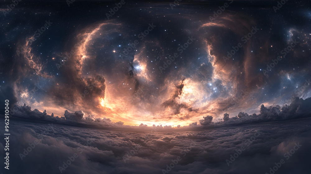 360 degree equirectangular projection space background with nebula and ...