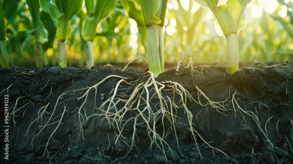Cross-section view of plant roots growing in rich, dark soil ...