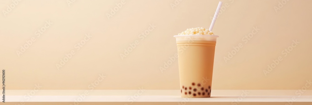 A 3D single icon of a glass of bubble tea with a layer of tapioca ...