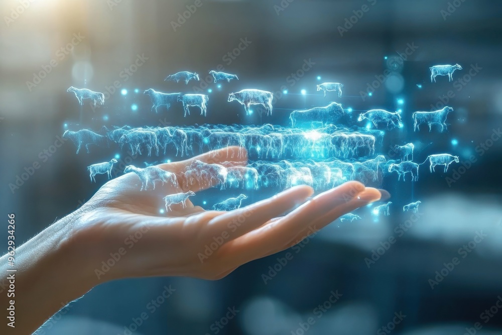 Hand with a hologram of many cows, representing the mechanization of ...