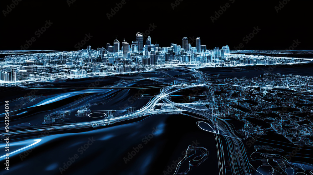 Technical aerial visual, 3D LiDAR GIS aerial map satellite scan model ...