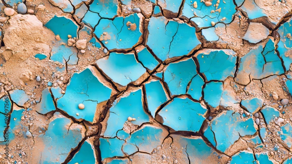 Detailed view of a cracked, dried riverbed with silt and pebbles ...