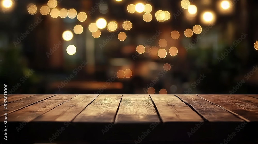 Empty wooden table top with blurred golden bokeh lights in the background of a cozy cafe ...