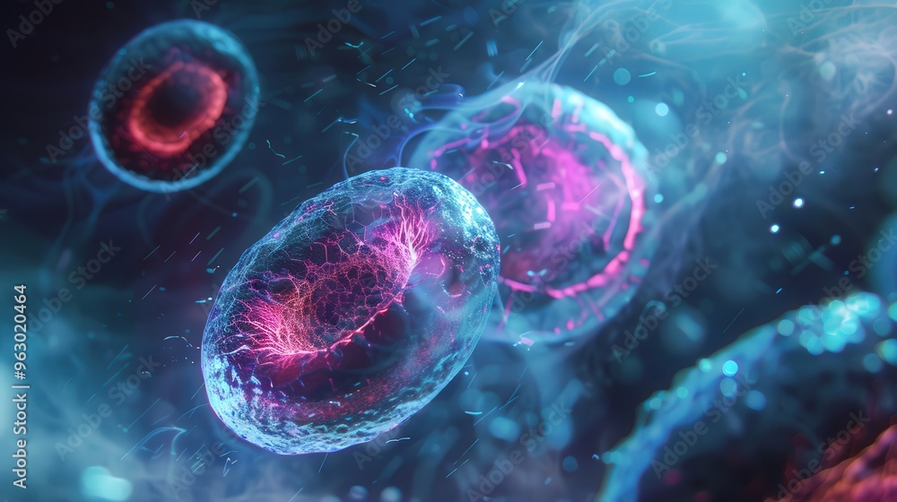 Artistic representation of a mitotic cell, illustrating the stages of ...