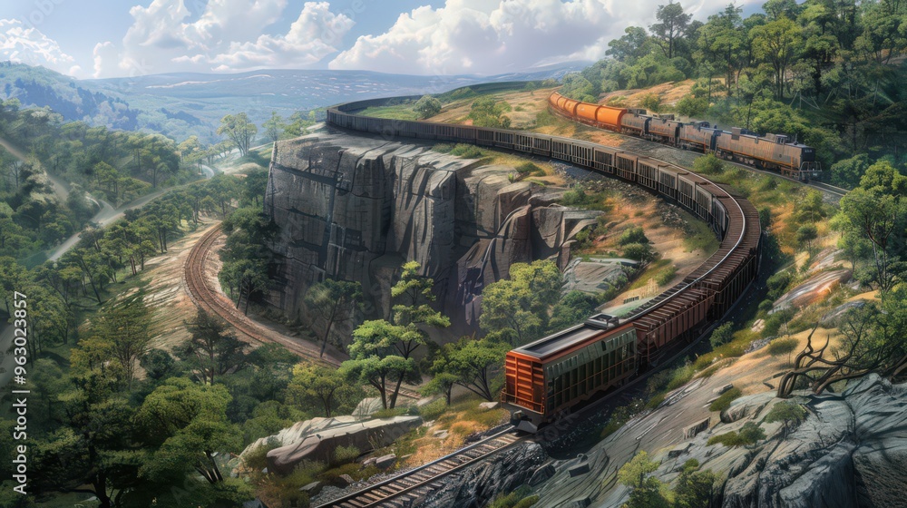 Visualize a cargo train traveling through a series of switchbacks on a ...