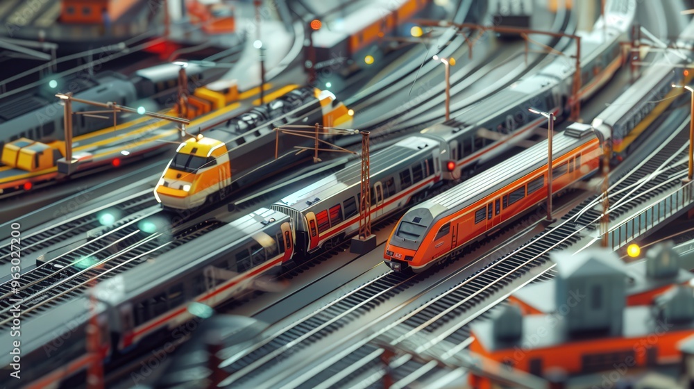 Visualize a passenger train at a bustling railway junction, with ...