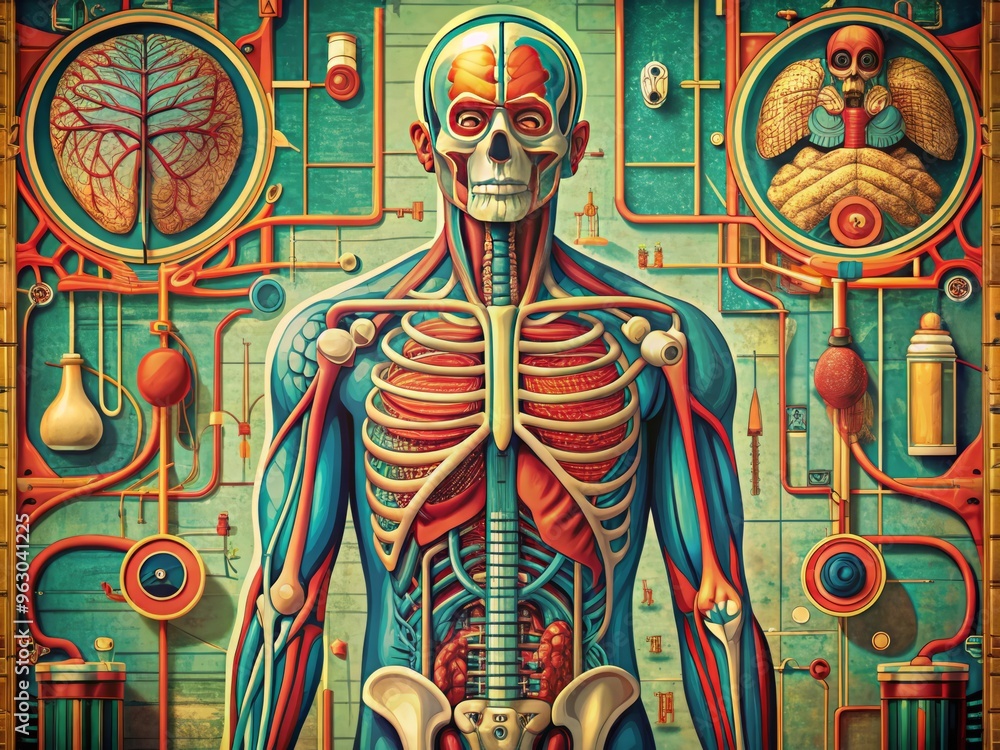 Ilustración de Stock Retro Futuristic Anatomy of the Human Organ System ...