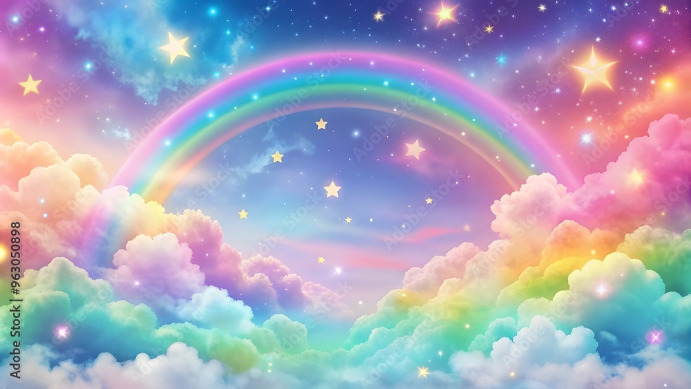 Holographic fantasy rainbow background with clouds and stars. Pastel color sky.Cloudy sky ...