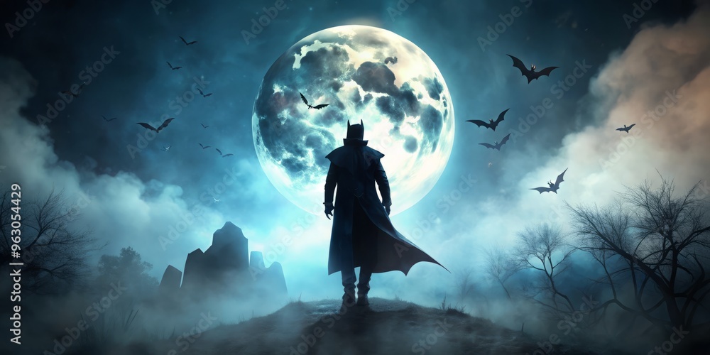spooky dark vampire vector silhouette against a full moon night ...