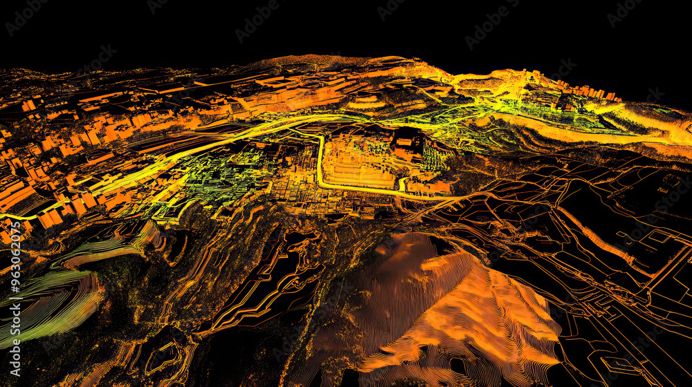 Technical aerial visual, 3D LiDAR GIS aerial map satellite scan model ...