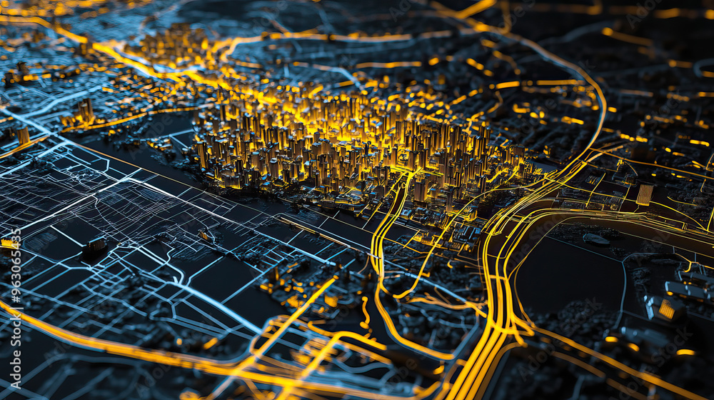 Technical aerial visual, 3D LiDAR GIS aerial map satellite scan model ...