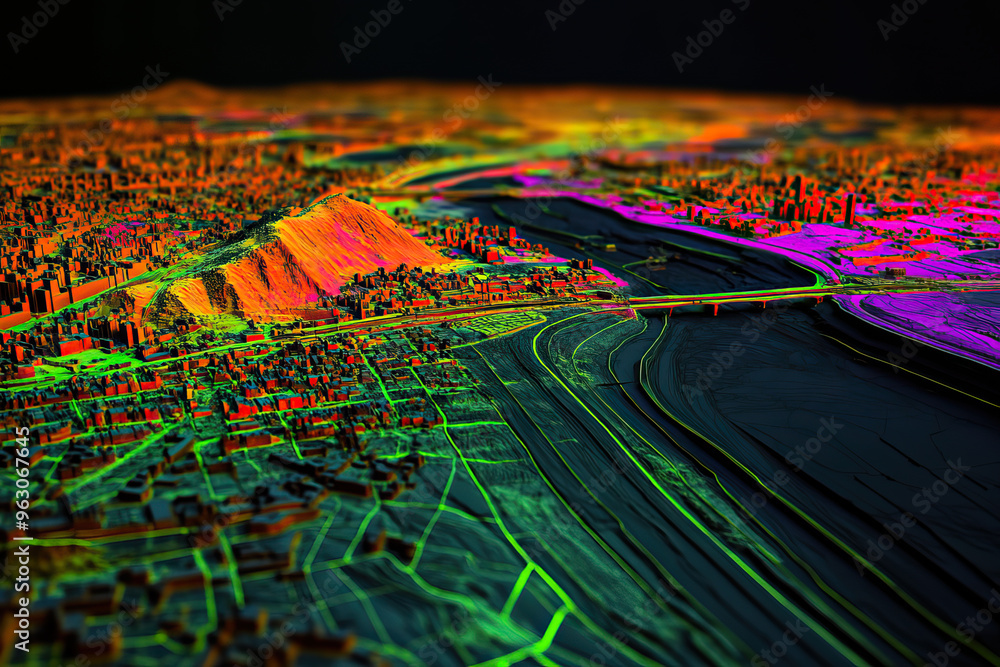 Technical aerial visual, 3D LiDAR GIS aerial map satellite scan model isolated, showing Kano ...