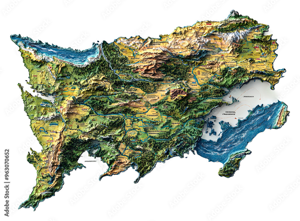 This 3D relief map showcases a coastal region with varied elevation ...