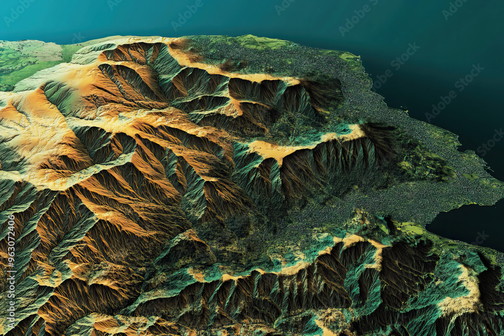 Stock-Illustration „Technical aerial visual, 3D LiDAR GIS aerial map ...