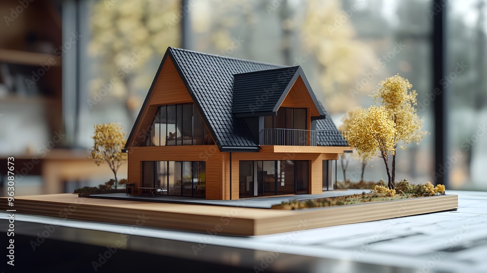 Architectural model, miniature house with black roof, detailed ...