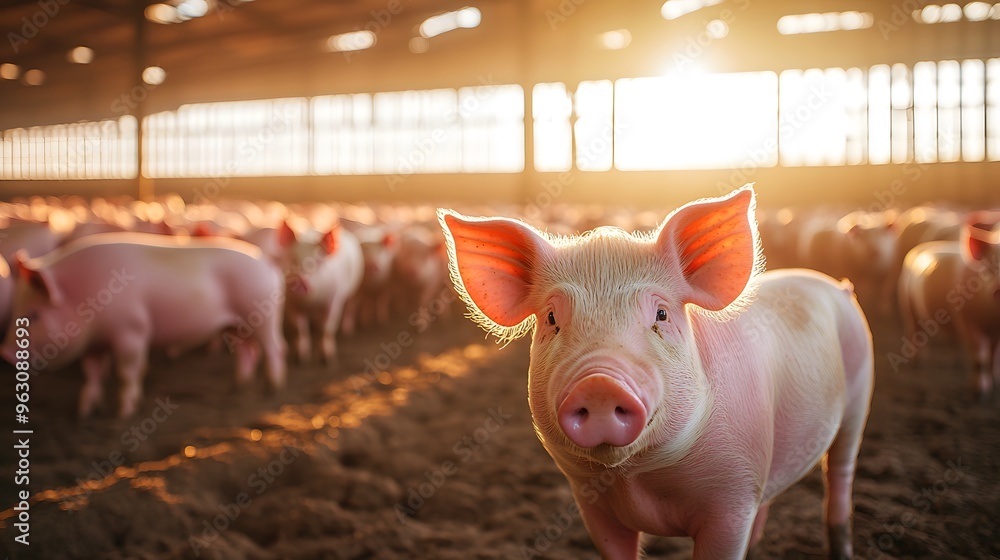 Bright pig farm interior, clean modern facility, rows of pink pigs ...