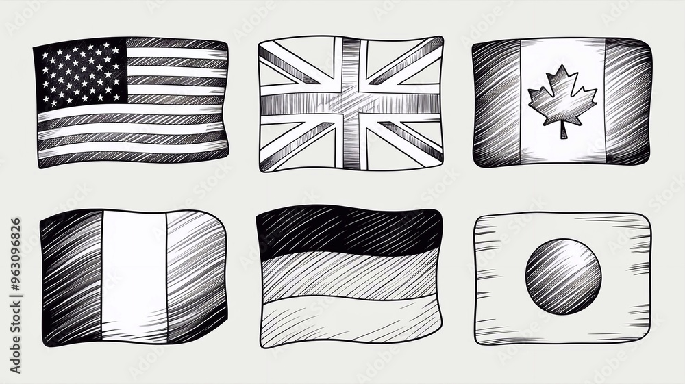 Flags Sketch Pack. Collection of black and white banners drawn in ...