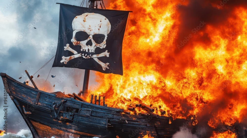 A pirate ship in battle with cannonballs flying and damage on the hull ...