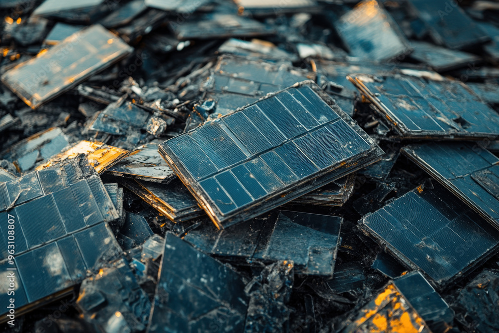 Pile of broken and dusty solar panels is showing their cells ...