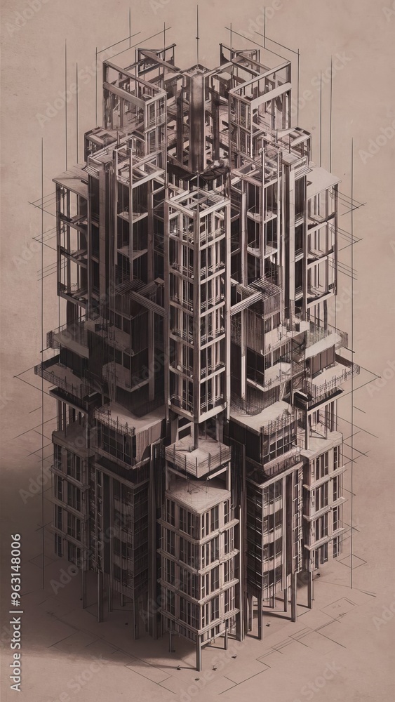 Pencil sketch of a three-dimensional frame design for a multi-story ...
