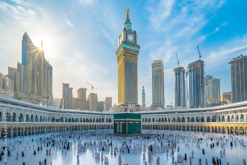 A stunning view of the Kaaba surrounded by pilgrims and the majestic ...