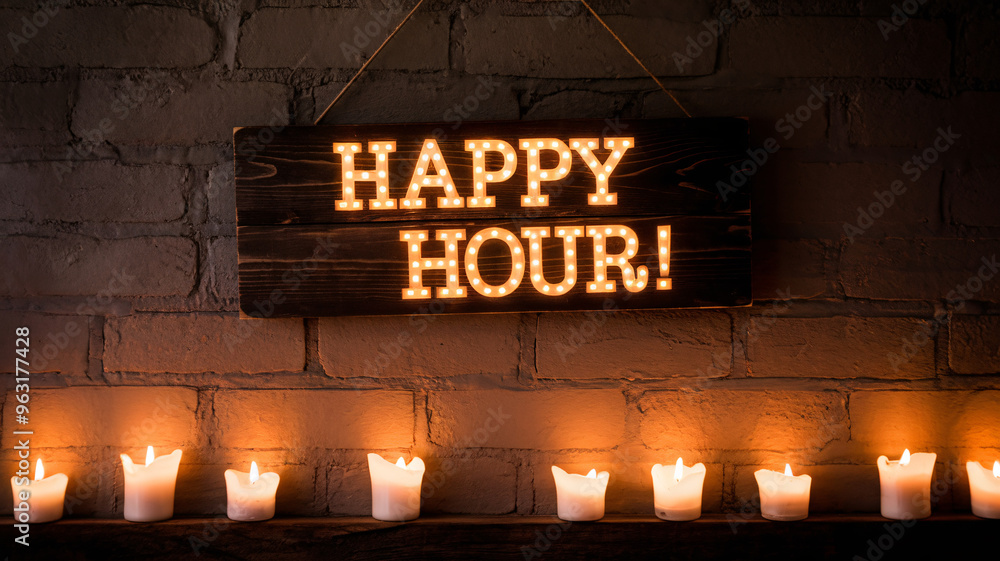 Illuminated "Happy Hour" sign with vintage marquee-style letters on a ...