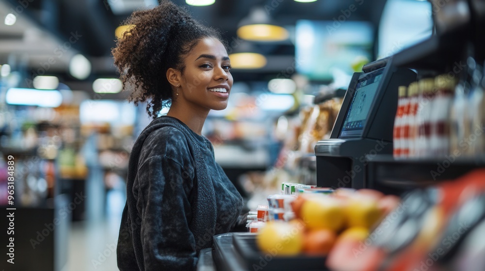 Black cashier managing a busy checkout station with detailed product ...