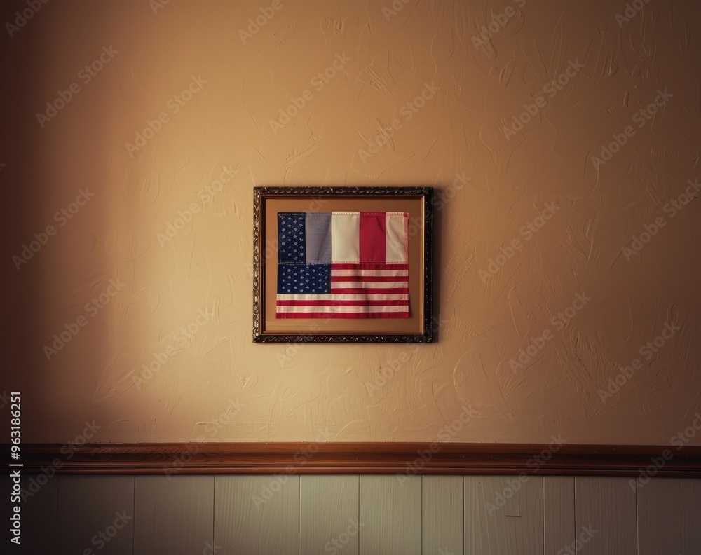 a small frame with three flags, french flag, american flag and blue ...