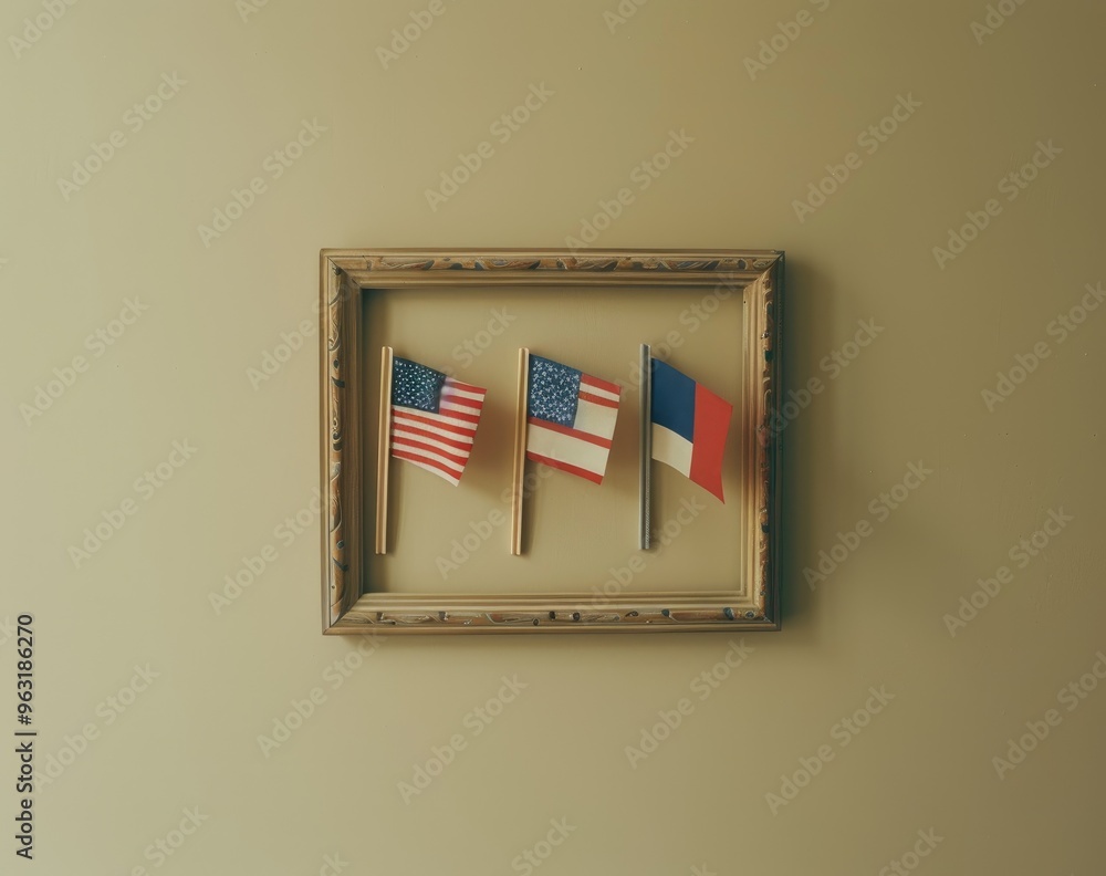 a small frame with three flags, french flag, american flag and blue ...