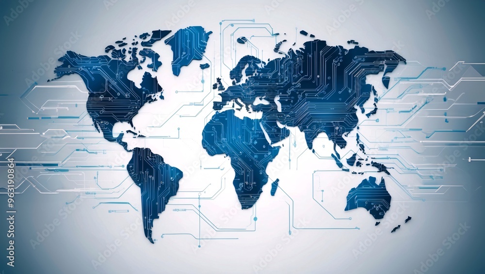 World map, countries cities are connected by lines. Global ...