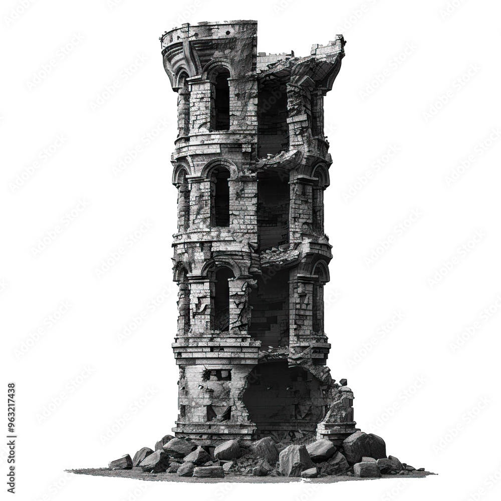 Collapsing tower, for symbolizing the fall of empires or the fragility ...