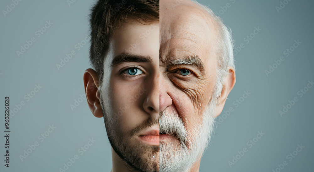 The face is divided into two halves - half young man and half old man ...
