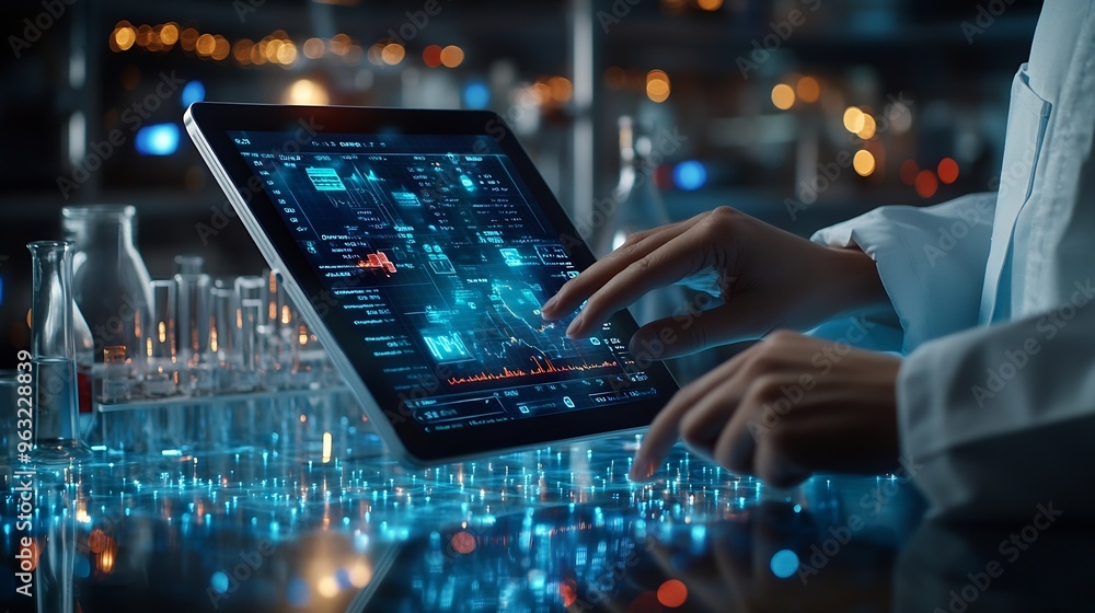 Scientist hand tablet and hologram in laboratory with typing chart data ...