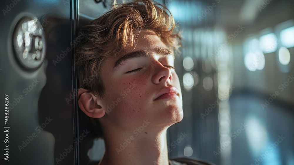 Contemplative Teenage Boy Leaning on School Locker, Symbolizing Mental ...