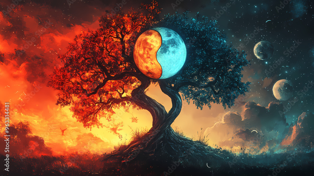 Ying yang concept of balance yggdrasil tree of life norse mythology ...