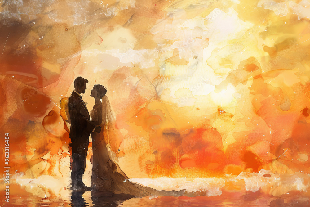Watercolor illustration of a couple in formal attire standing close ...