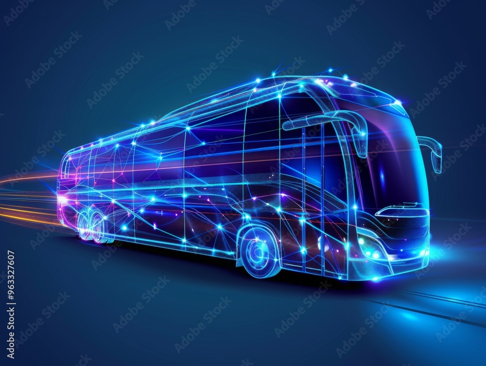 Digital blue high-speed bus in low poly wireframe, the future of ...